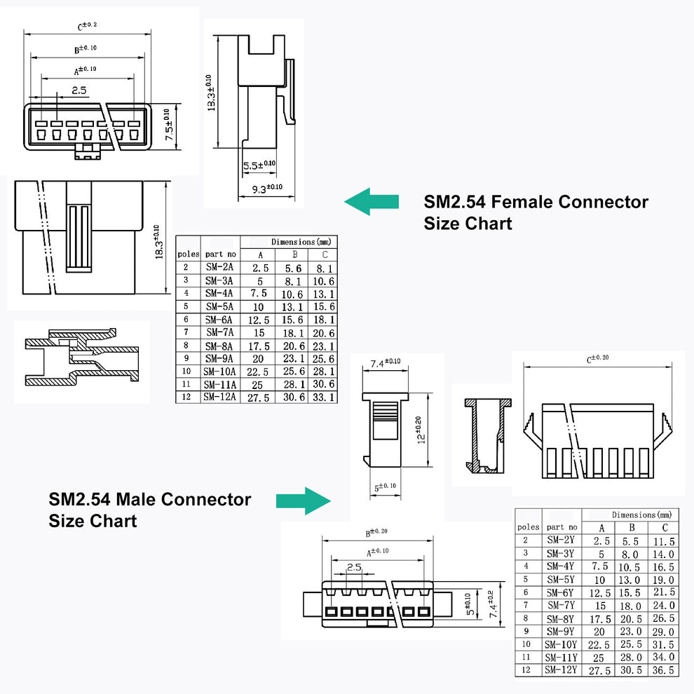 JST SM 2.5mm Male Female Connector Kit with 22AWG Pre-Crimped Cables ...