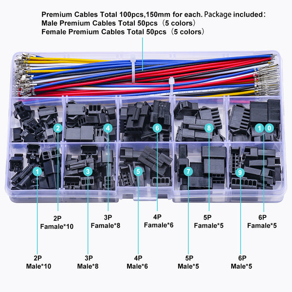 JST SM 2.5mm Male Female Connector Kit with 22AWG Pre-Crimped Cables ...